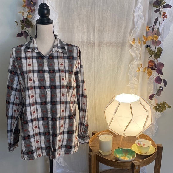 Blair | Tops | Plaid Apple Print Black White Button Down Long Sleeve ...